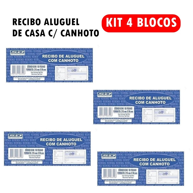 RECIBO ALUGUEL DE CASA C/ CANHOTO KIT C/ 4 TALÕES C/ 50 FOLHAS CADA | Shopee Brasil