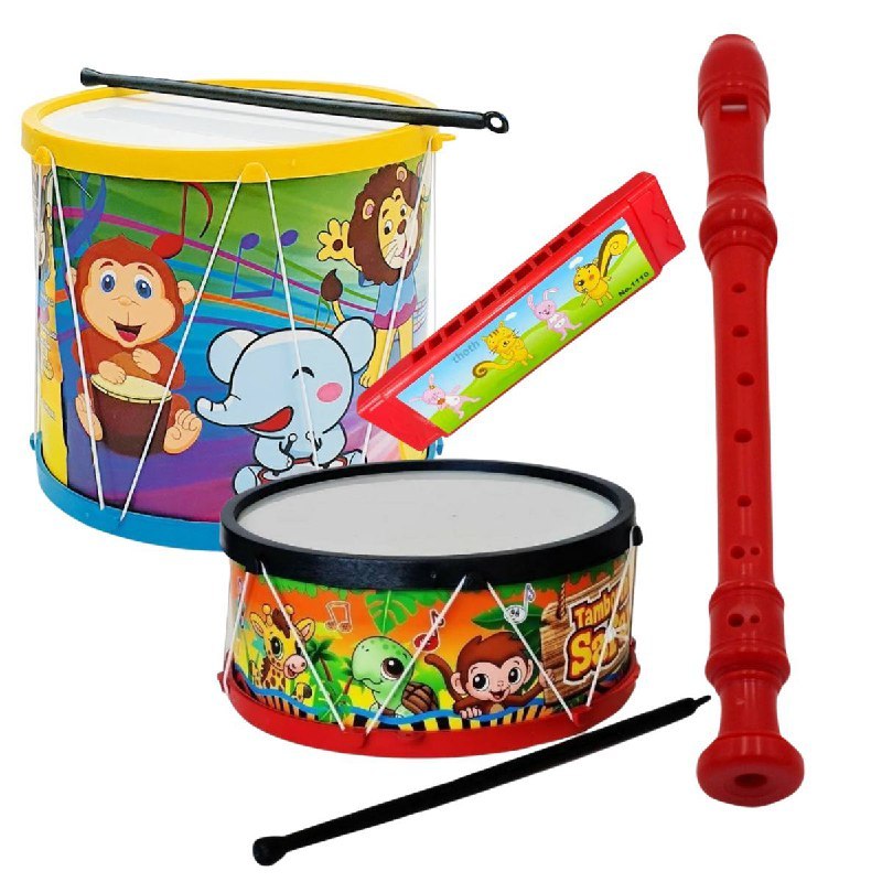 Kit Bumbo Infantil Gaita Tambor Grande Flauta Tamborzinho 4 Instrumentos Musicais Menina Menino ...