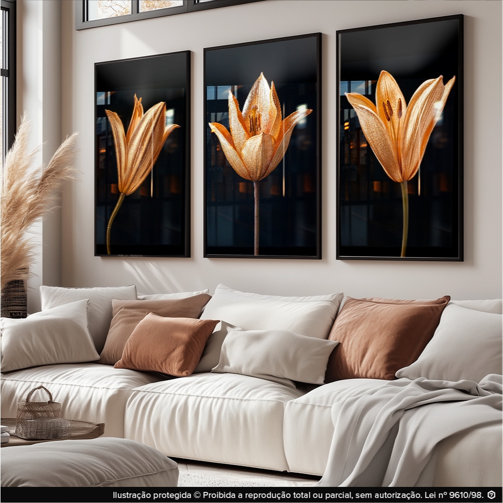 Trio de Quadros Flor Gardenia Dourada Elegância e Harmonia para Sala ...