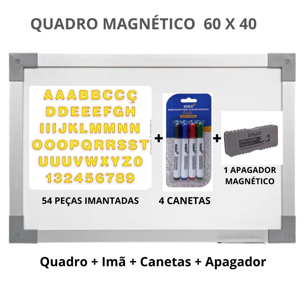 Quadro Branco Lousa MAGNÉTICO 60 x 40 cm MDF Alumínio + 4 Canetas ...