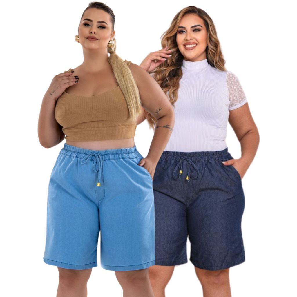 Kit 2 Shots Bermuda jeans Feminina Confortável com Elastico e Cós Alto ...