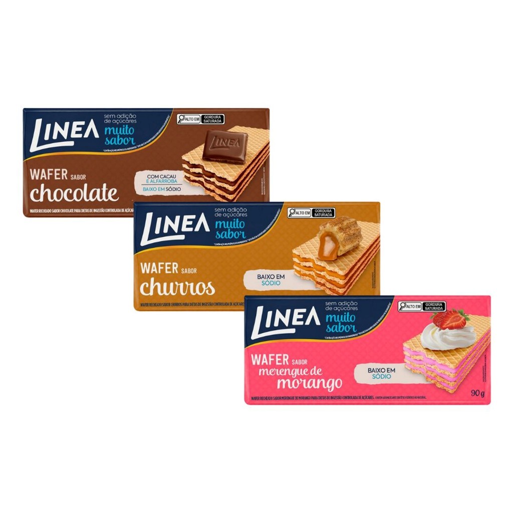 Biscoito Wafer Linea 90g - kit c/ 3 unds (Chocolate, Churros e Morango ...