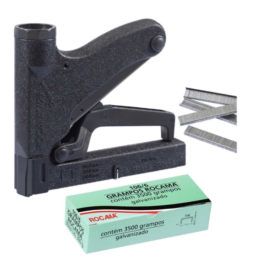 Grampeador Rocama 106 Premium + Grampo 106/6 Galvanizado Tapeceiro ...