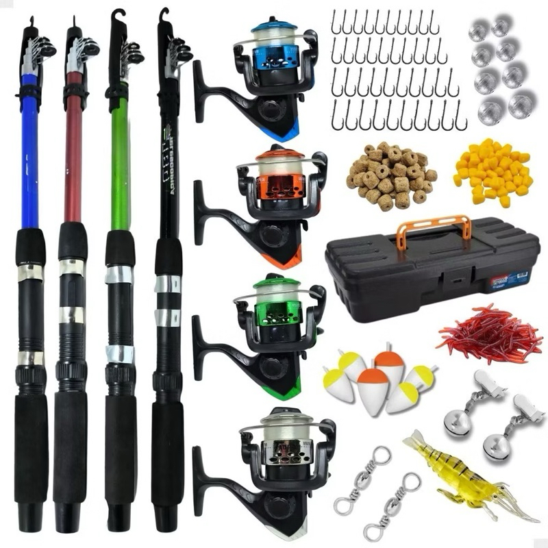 Super kit De Pesca Completo 4 Vara Telescópica Fibra de Vidro E 4 Molinete Com Linha ...