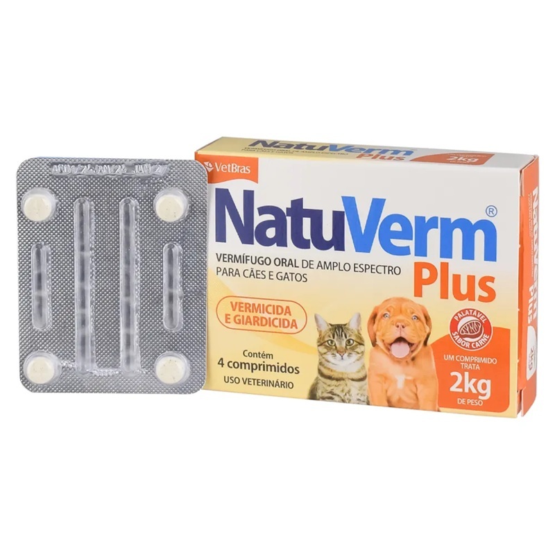 Natu Vermífugo Amplo Espectro Plus 4 Comprimidos Para Cães e Gatos 2kg ...