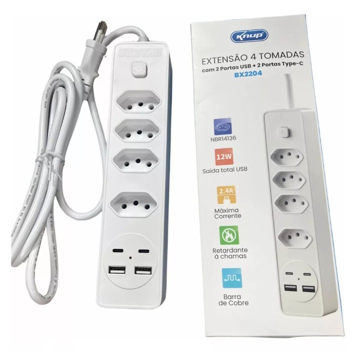 Filtro De Linha Extensão Com 4 Tomadas + 2 Usb + 2 Tipo C Cor Branco 127v | Shopee Brasil