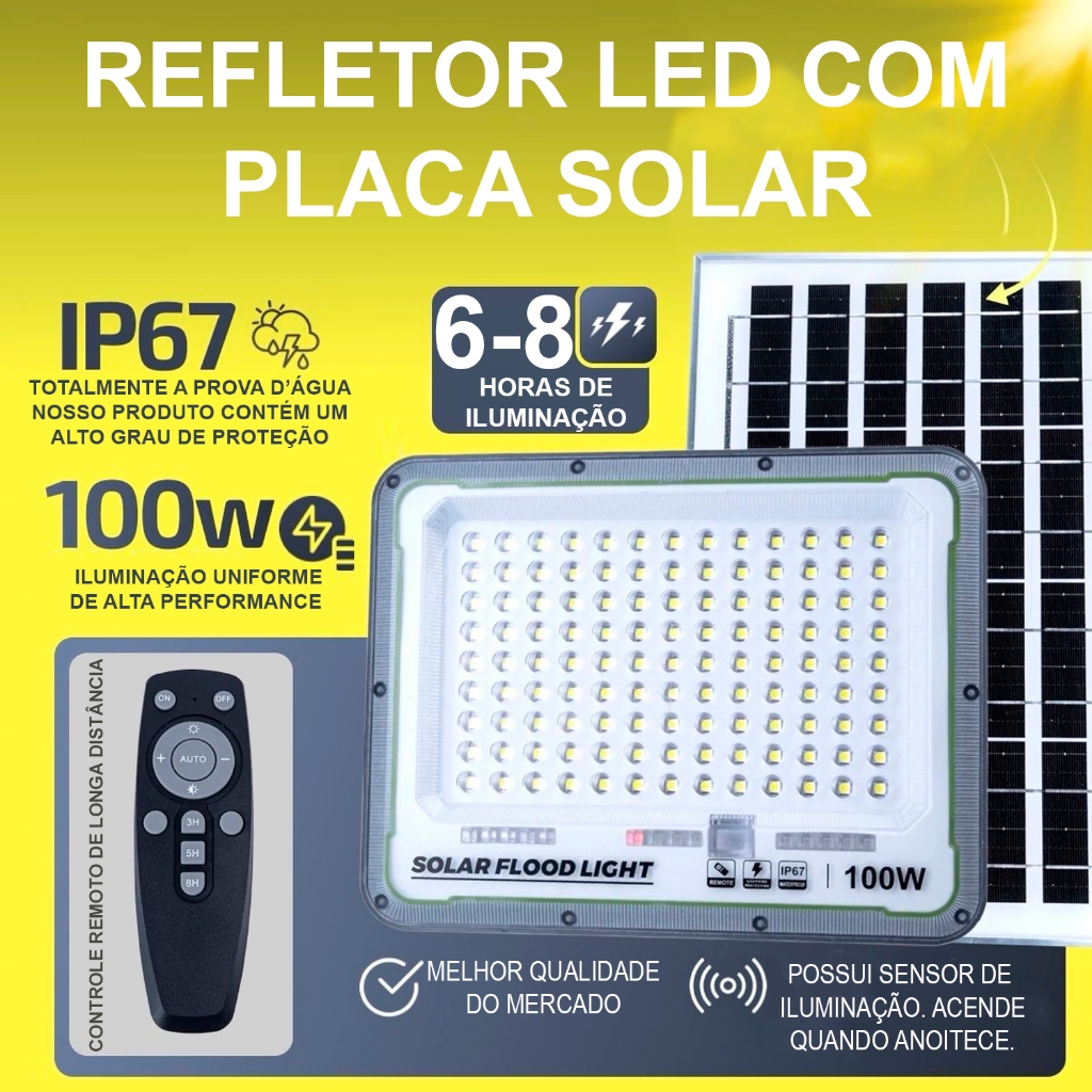 Holofote Solar Refletor Led 100w Prova D'àgua C/placa Solar para Jardim ...