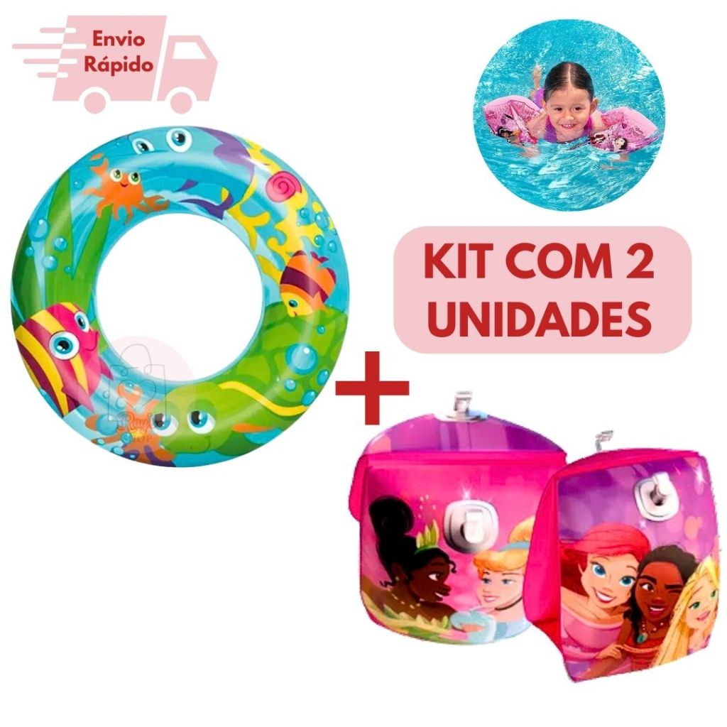 Kit Boia de Braço E Boia Redonda 56Cm Infantil Inflável Personagem ...
