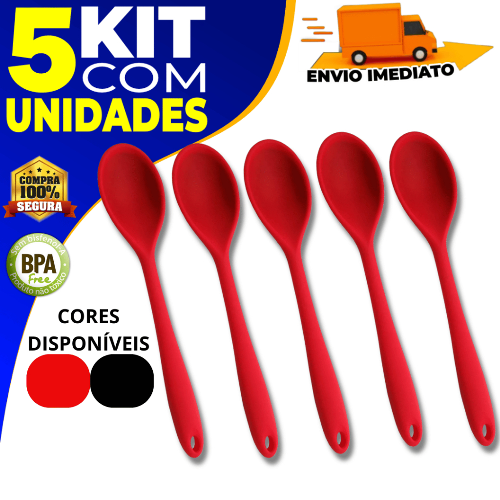Kit 5 Colher Redonda Silicone Premium Grande Durável Utensílio Cozinha ...