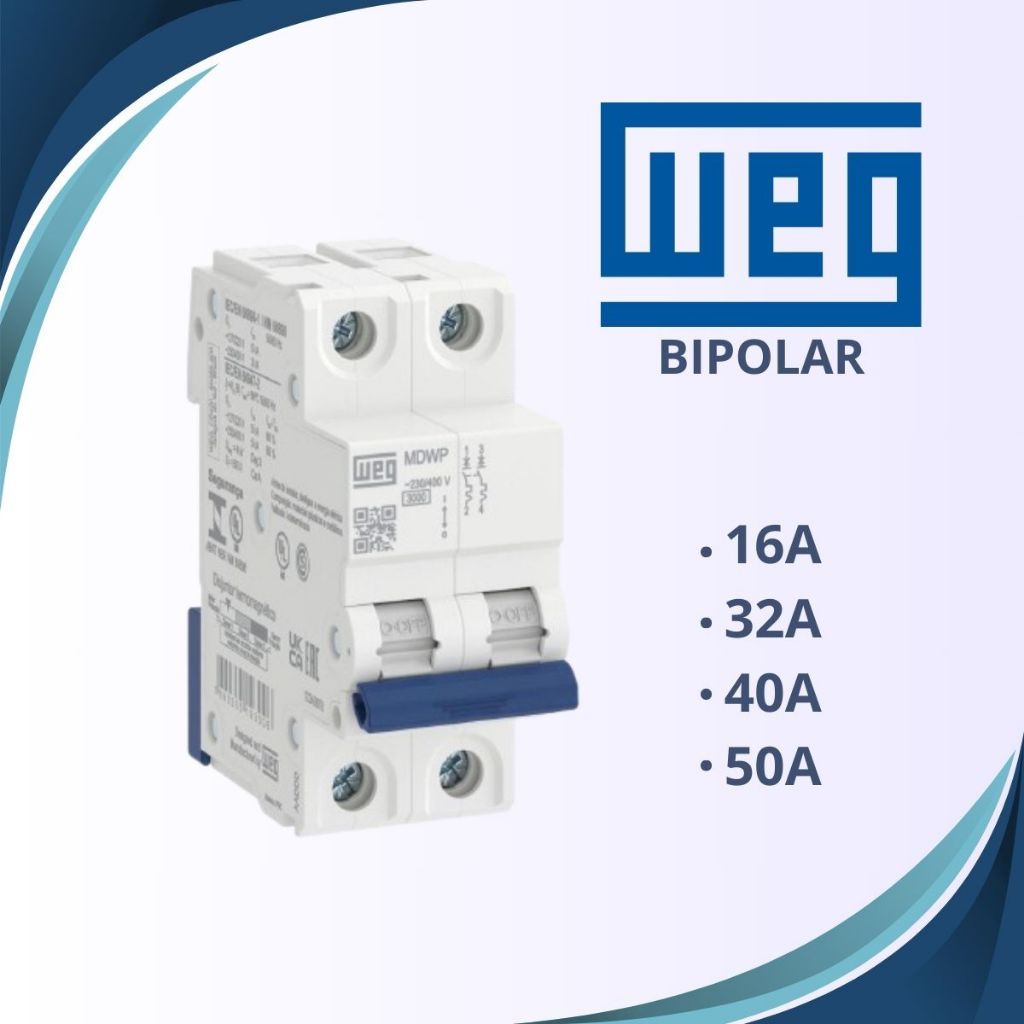 Mini Disjuntor Residencial Bipolar 16A, 32A, 40A, 50A Curva C MDWP-C WEG Contra Curto Circuito ...