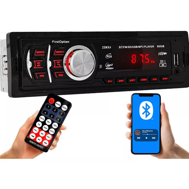 Rádio MP3 Player Automotivo First Option 8850 Bluetooth USB SD Saída Forte Com Controle RCA Som ...