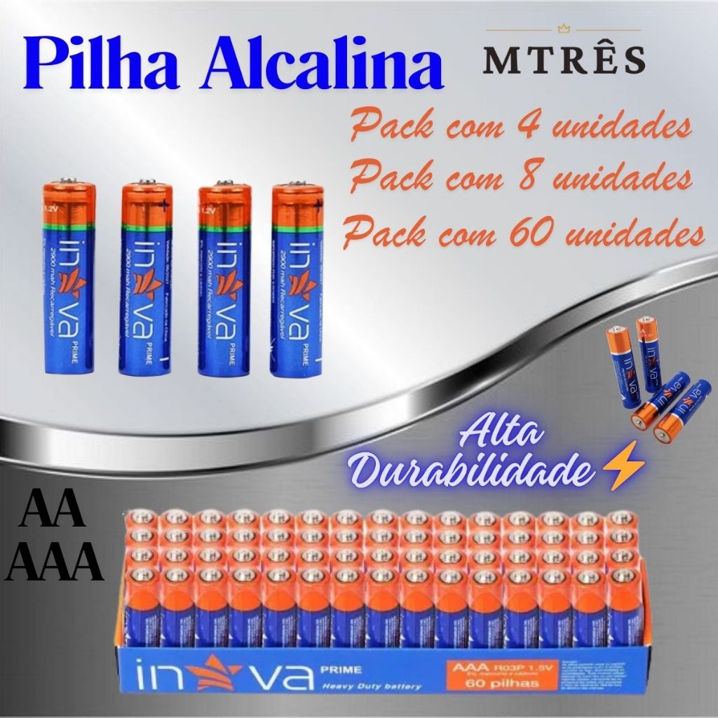 Pack Pilha Alcalina AA ou AAA Cartela Kit com 4 8 Caixa Fechada 60 ...