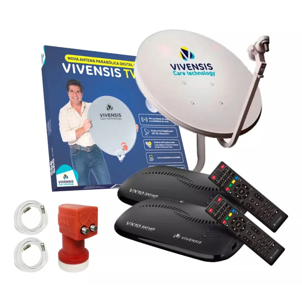 Kit Nova Parabolica Digital Vivensis Com 2 Receptores VX10 LNB Ku Duplo ...
