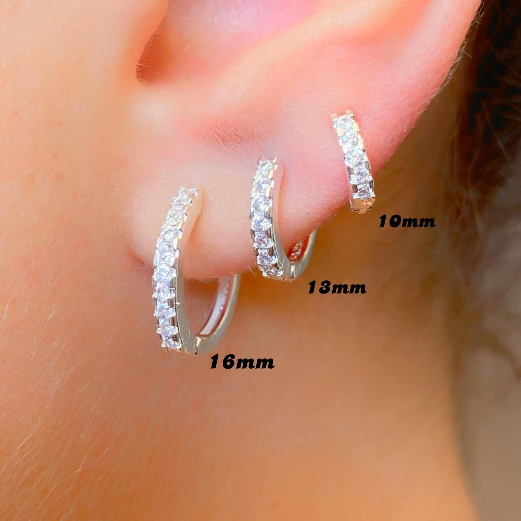 Trio de Argolas Prata Feminina kit Cravejadas em Pedras de Zircônias Ponto de Luz 16mm 15mm 14mm ...