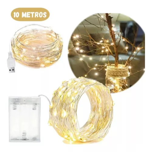 1 Fio Fada Cordão Luz Led 10 metros 100 Leds USB e Pilha - Festa ...