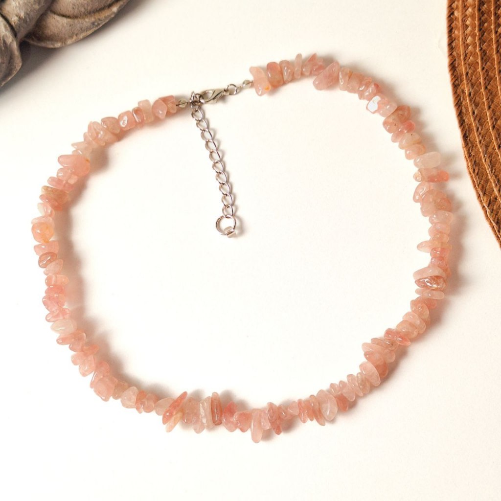 Choker de cascalho de pedra Quartzo Rosa - Pedra do Amor e autoestima - Tamanho 40cm + 5cm de ...