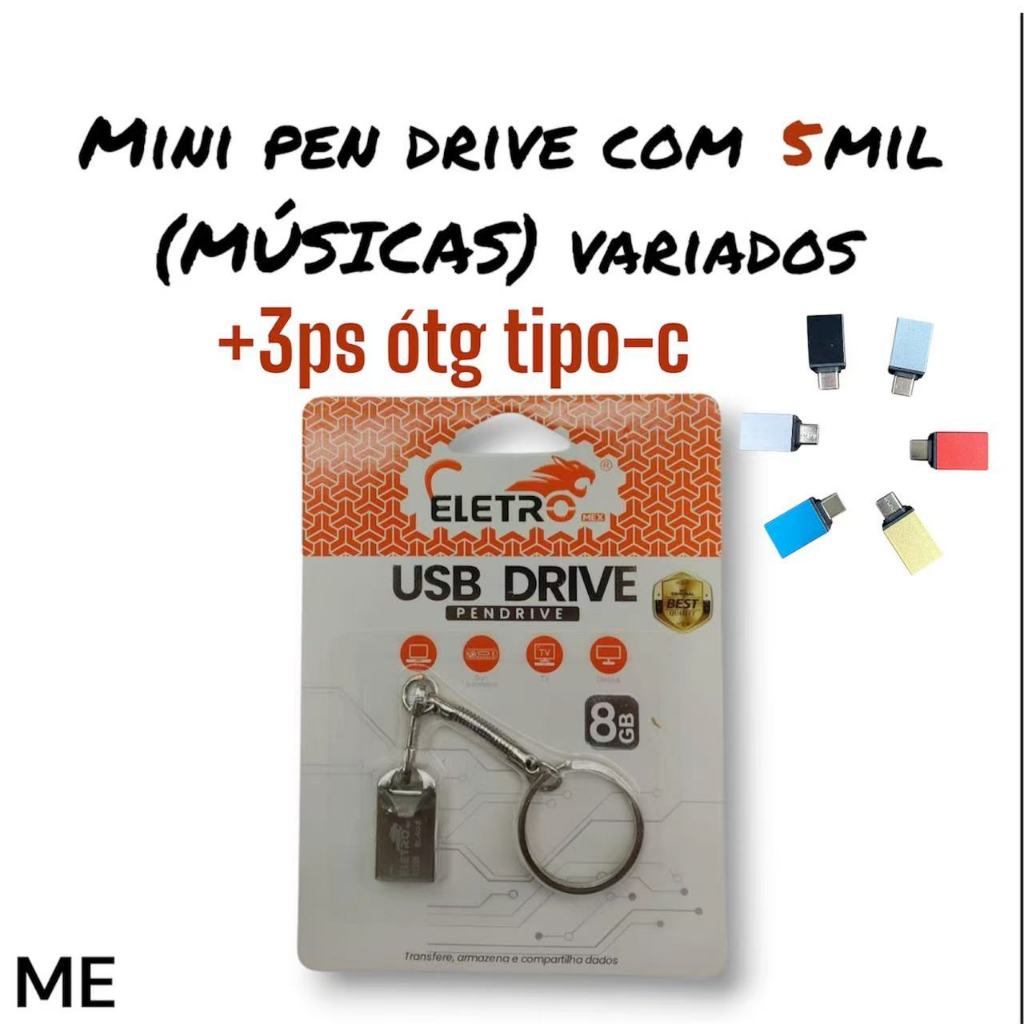 Pen Drive Mini 8GB com 5.000 Músicas + 3 PÇS OTG Usb>Tipo-C.MP3 ...