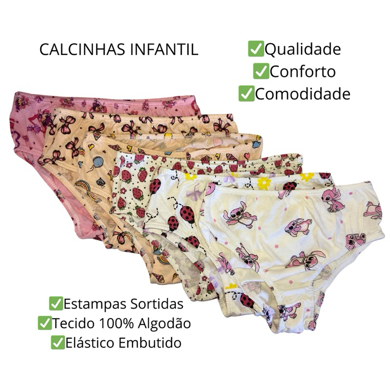 Kit de Calcinhas Infantis P M e G Tecido 100% Algodão Estampas Sortidas ...