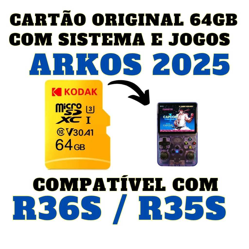 Cartão 64GB Com Sistema Arkos 2025 e Jogos Para Portátil R36S e R35S - Micro SD Original ...