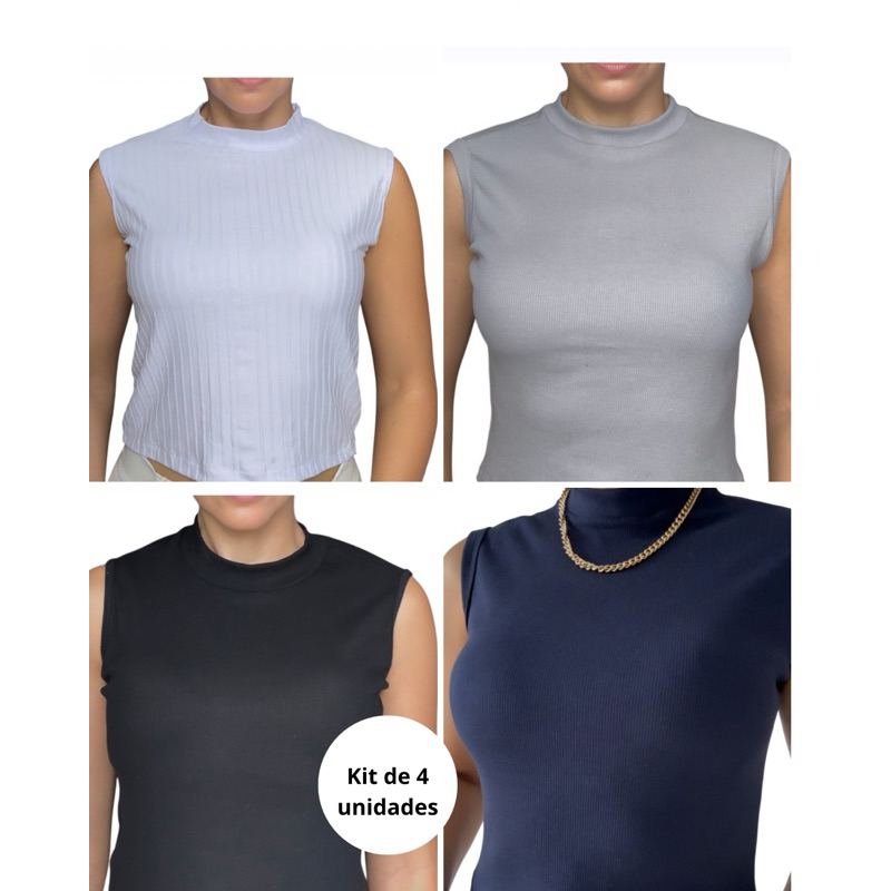 kit de 4 Cropped gola alta canelado, moda feminina, regata canelada de alta qualidade veste do ...
