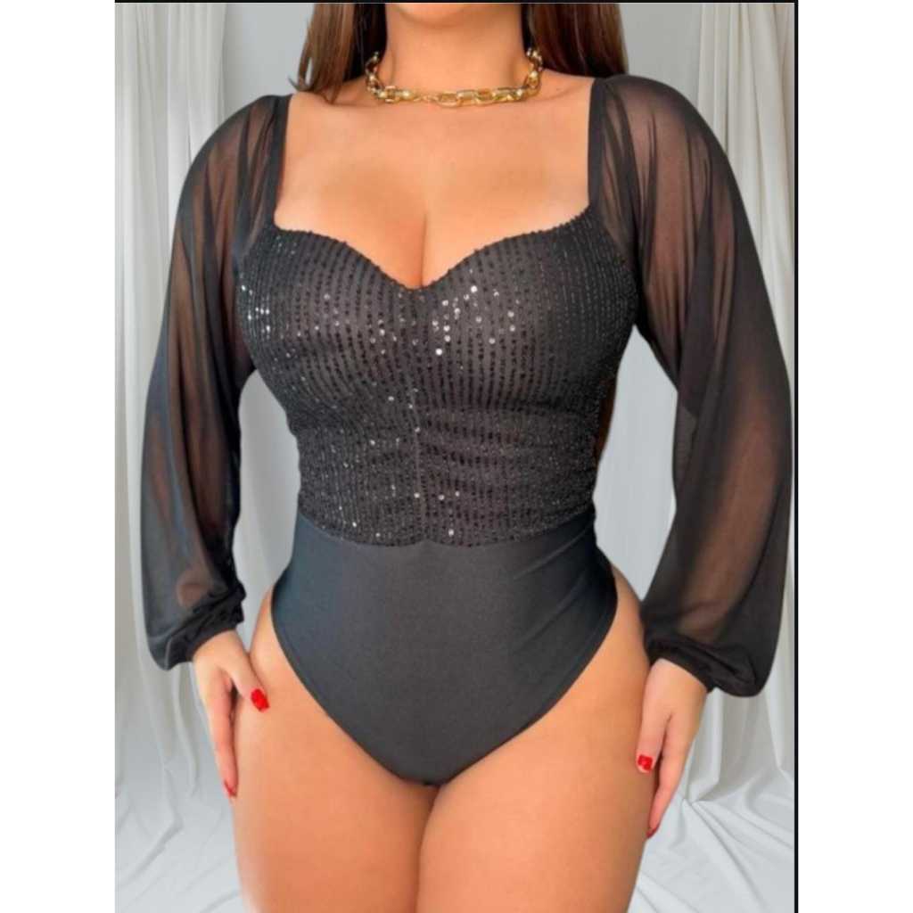 Body Manga Longa com Paetê e sem Paetê - Lindo Serve para todas as ocasiões | Shopee Brasil