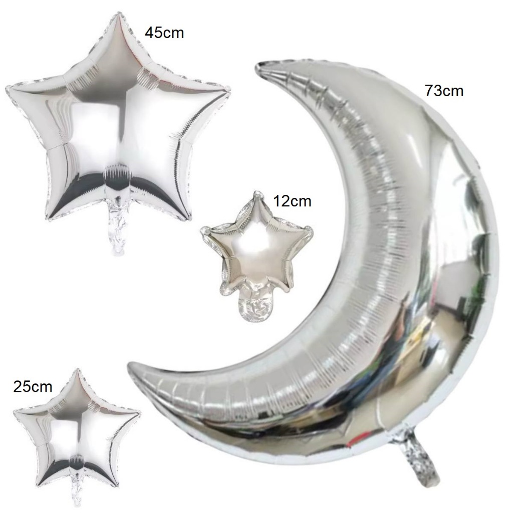 Kit c/ 21 Pcs Balão 1 Lua Prateada 73cm + 5 Estrela 45cm + 5 Estrela ...