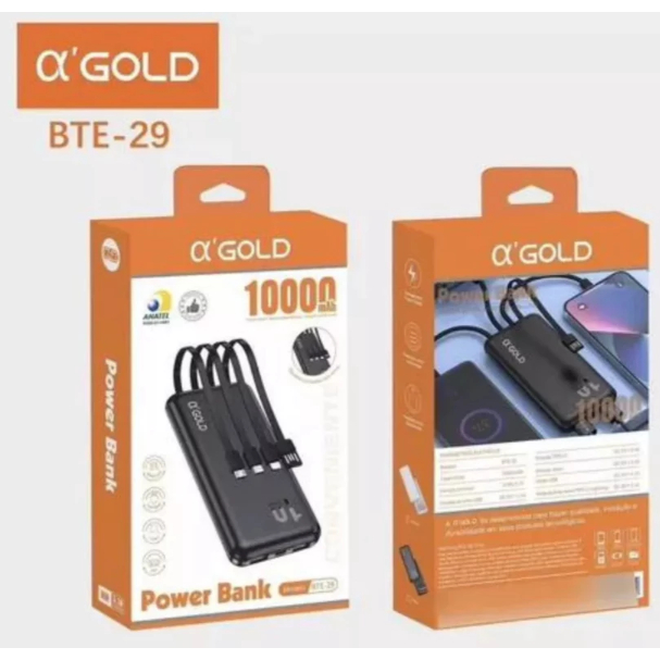 A'GOLD Power Bank 10.000 mAh A'Gold com 4 Cabos Embutidos 3.1A Carga ...
