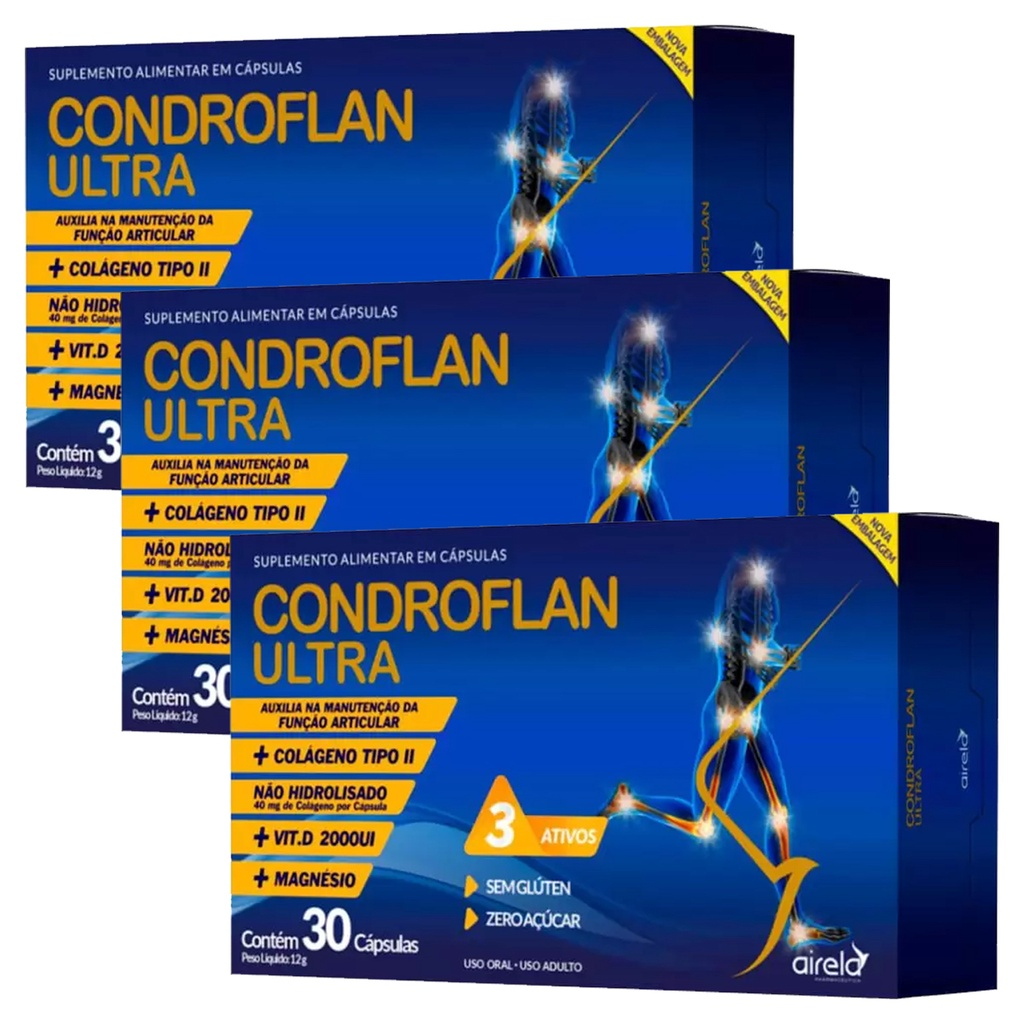 03un Condroflan Ultra Colágeno Tipo II Vitamina D e Magnésio 30 ...