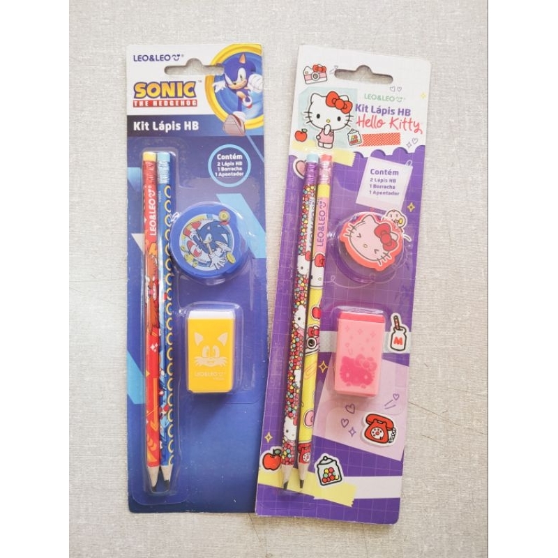 kit escolar com 4 peças Leo & Leo tema Hello Kitty e Sonic The Hedgehog ...