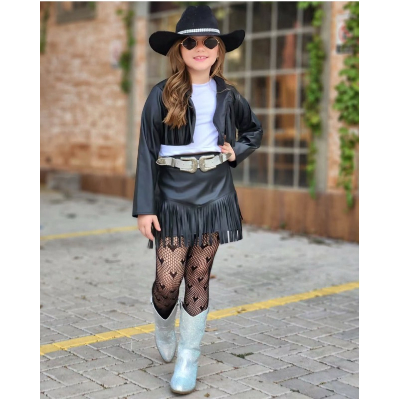 Conjunto Infantil Menina Country Boiadeira Short Saia e jaqueta Franja ...