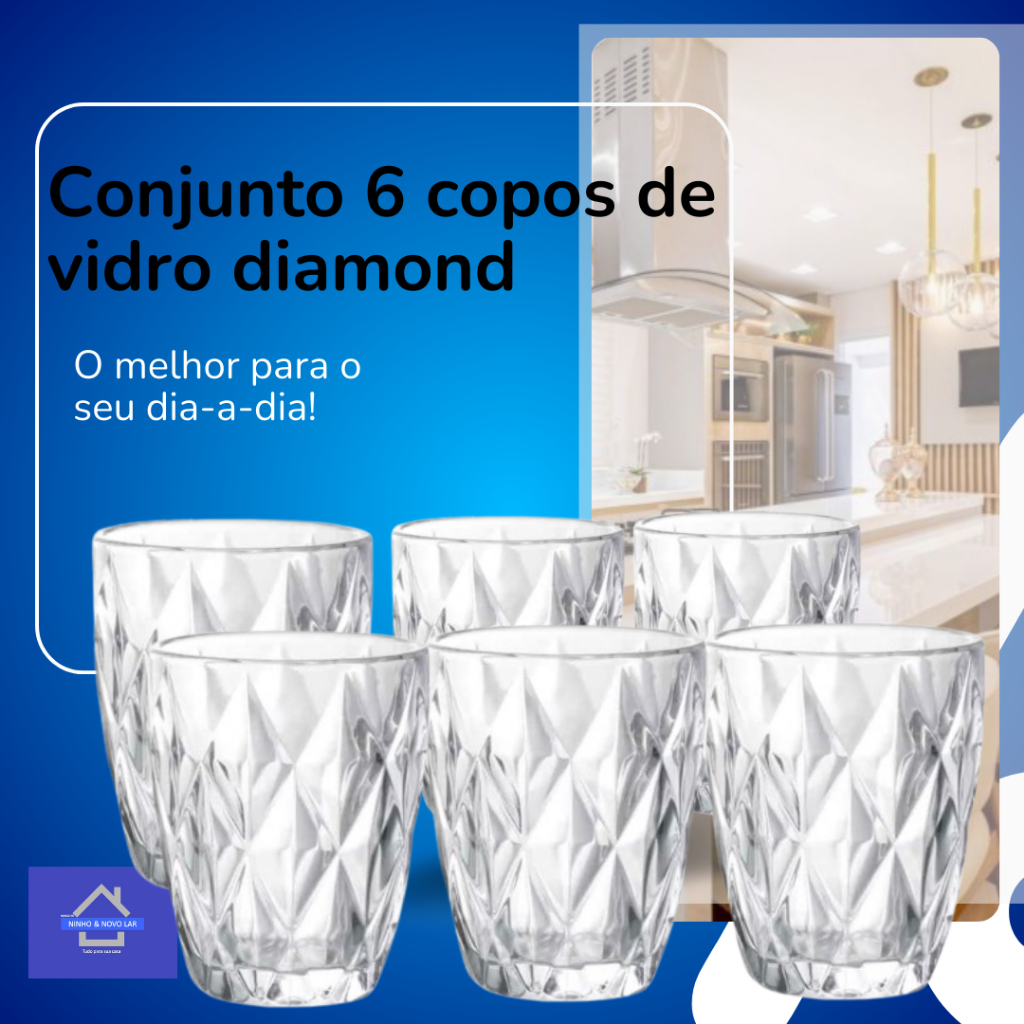 Conjunto Jogo 6 copos de vidro diamante 270ml resistente para água suco refrigerante | Shopee Brasil