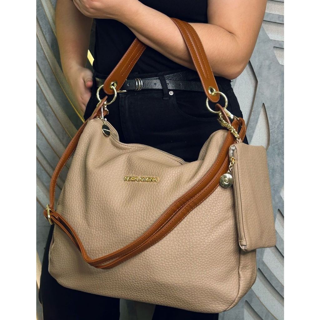 Bolsa Feminina Rosa Amora Grande Estilo Saco com Mini Pouch | Shopee Brasil