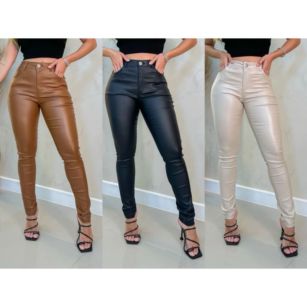 Calça Feminina Lisa Resinada Elastano Confortavel Blogueira Alta ...
