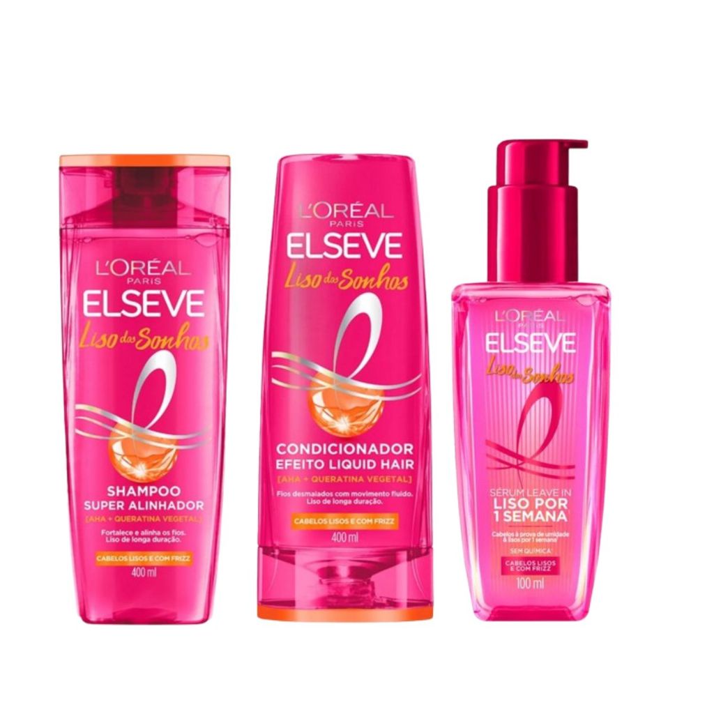 Kit Elseve Liso dos Sonhos: Shampoo 400ml + Condicionador 400ml + Sérum ...