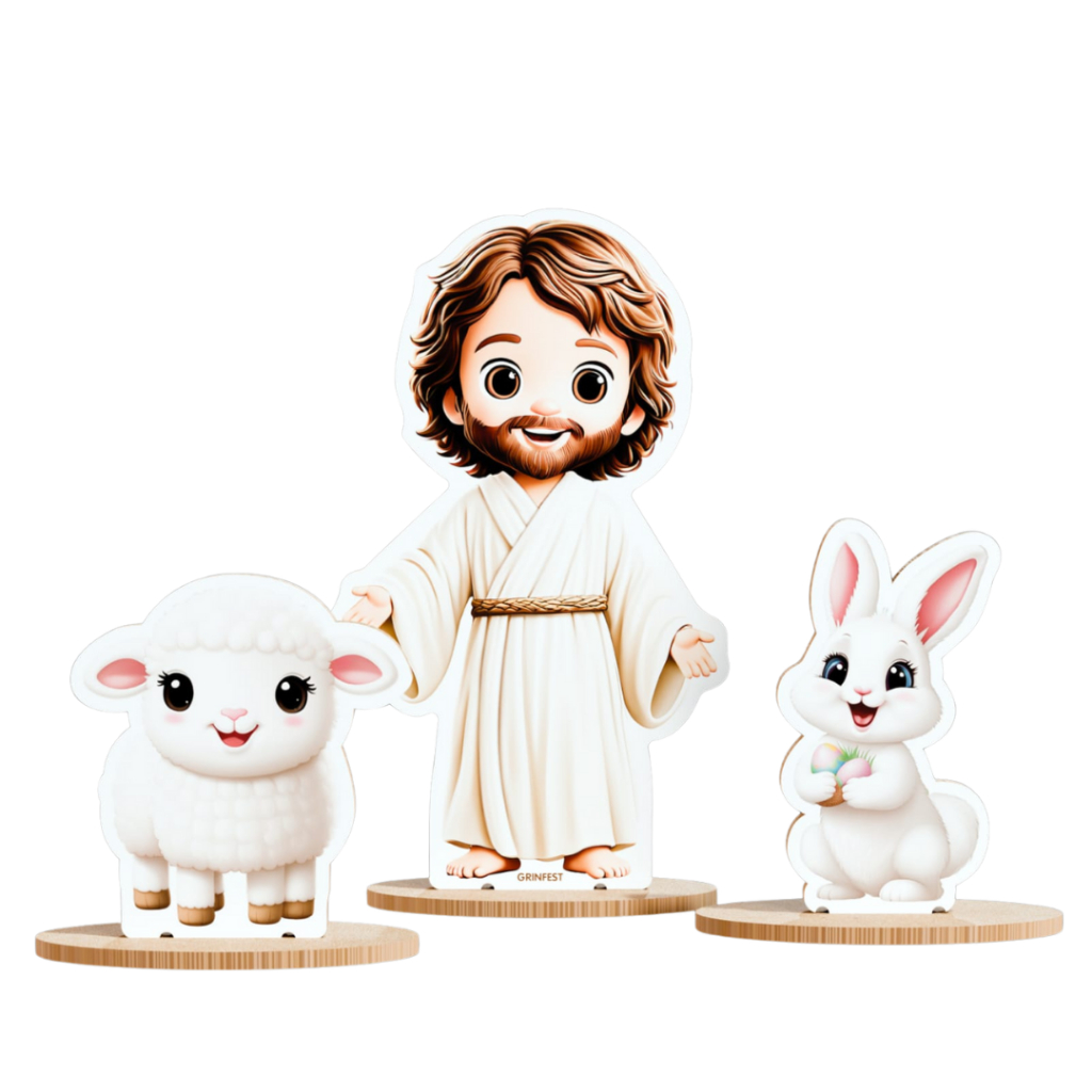 Kit Enfeite De Mesa Páscoa Cristã Jesus Cordeiro e Coelho 15cm x 8cm ...