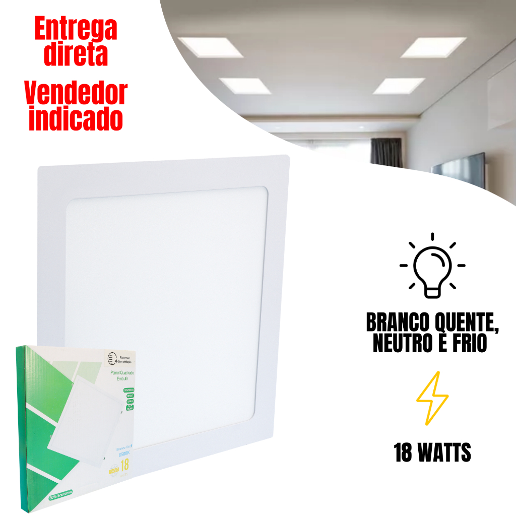 Painel Plafon 18W Embutir 22X22 Quadrado 6500K 3000K 4000K LED Branco Frio Quente Neutro ...
