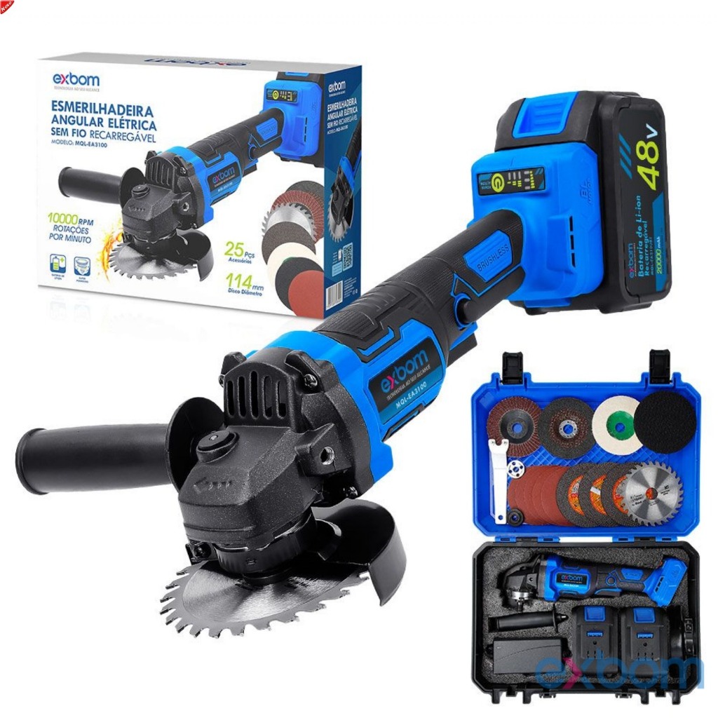 Lixadeira EsmerilhadeirA Angular Brushless 48v 10.000 RPM Intercambiável 2 Bateria Recarregáveis ...
