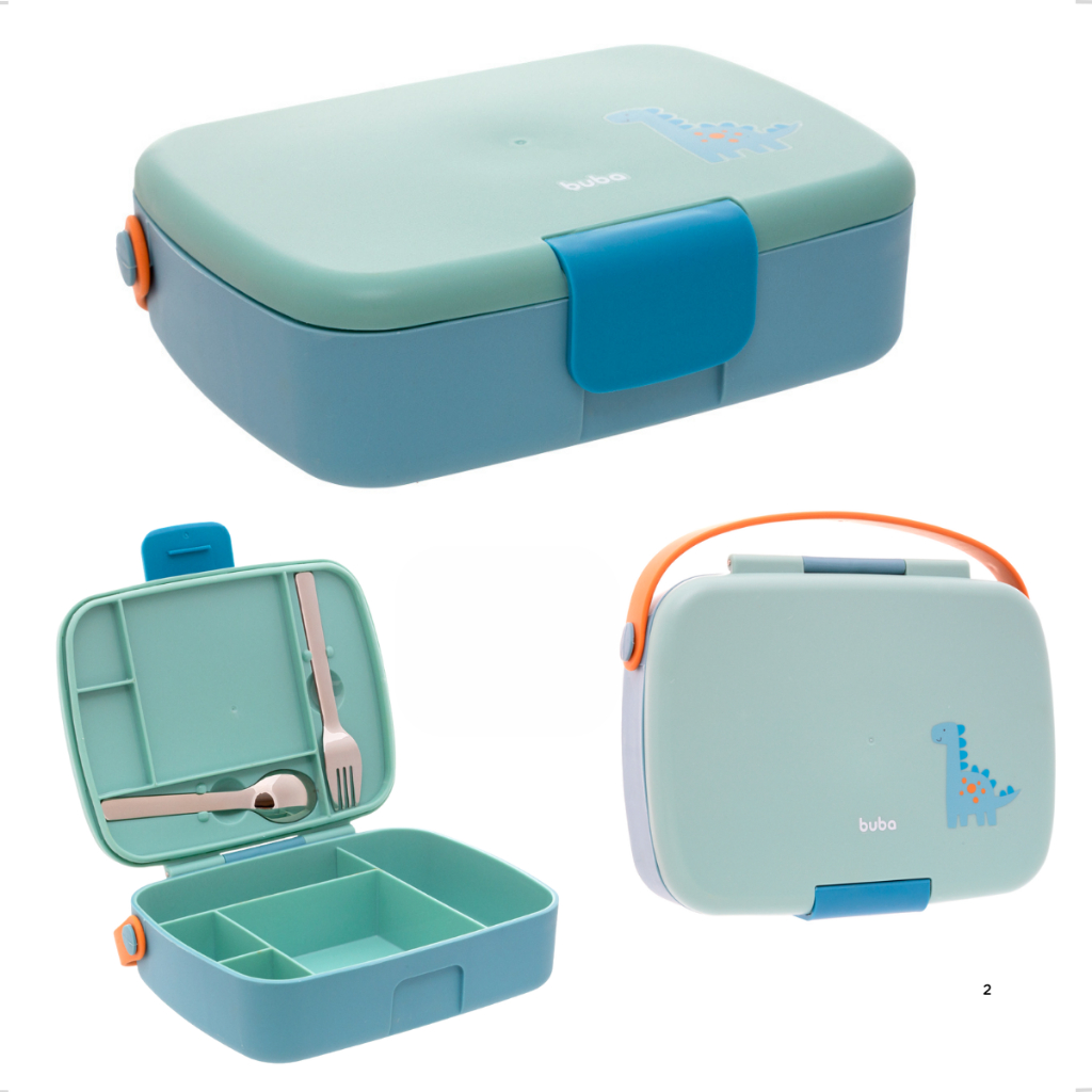 Lancheira Bento Box com talher inox Marmita Magic Dino Buba azul com ...