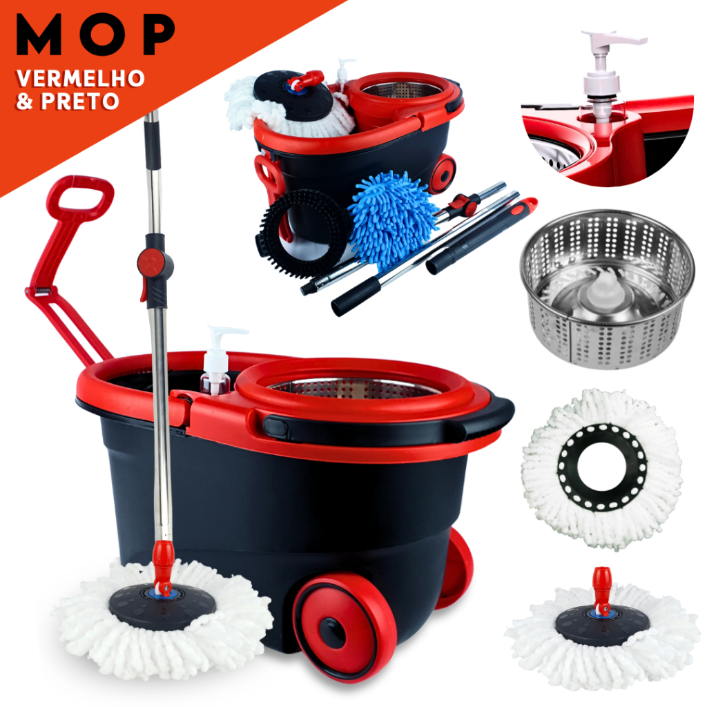 Mop Giratório Inox com cabo de 150 cm - Rodas e Alça | Kit Completo ...