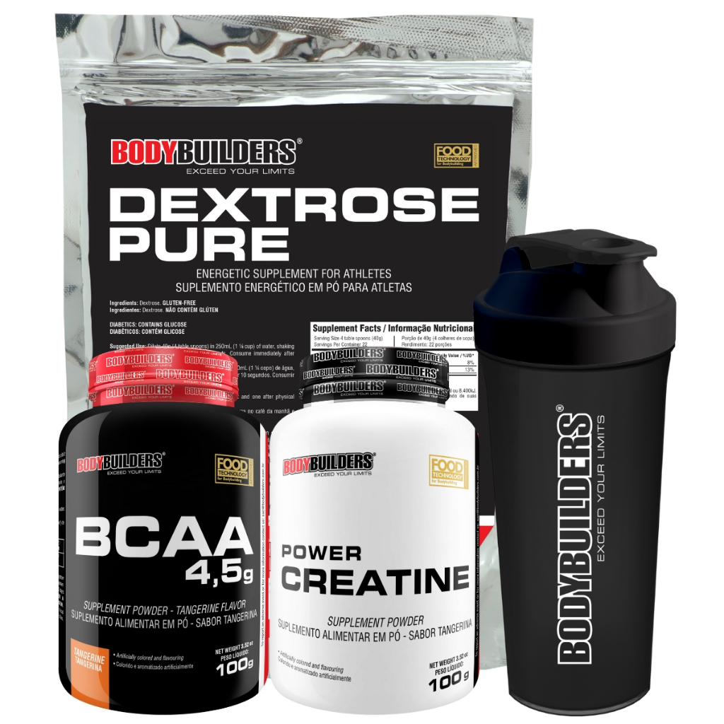 Kit Dextrose 900g + Power Creatina 100g + BCAA 100g + Coqueteleira ...