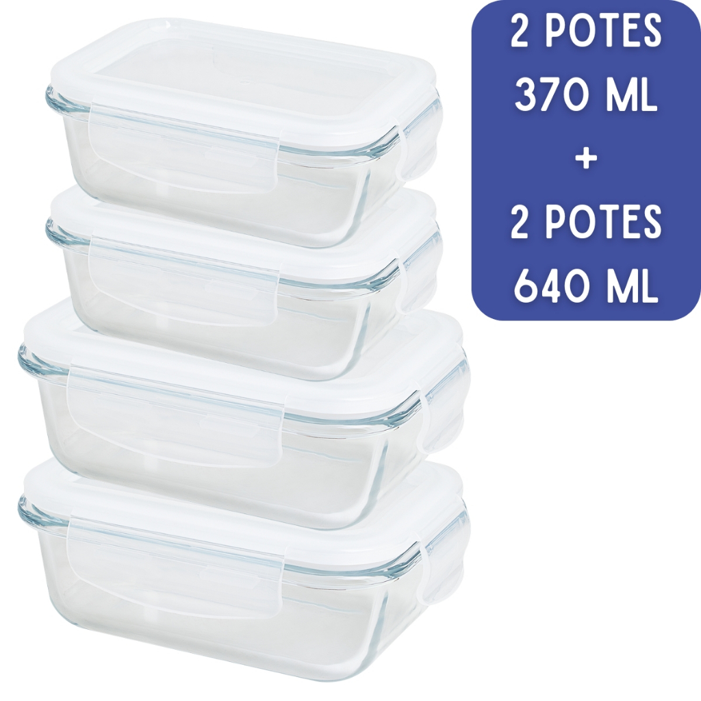 Kit 2 Potes 640 ML + 2 Potes 370 ML Pote Vidro Marmita Hermético ...