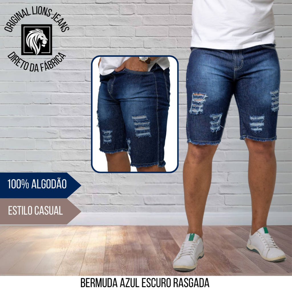 Short Jeans Rasgado Bermuda Masculina Rasgada Fabricação Própria Lions ...