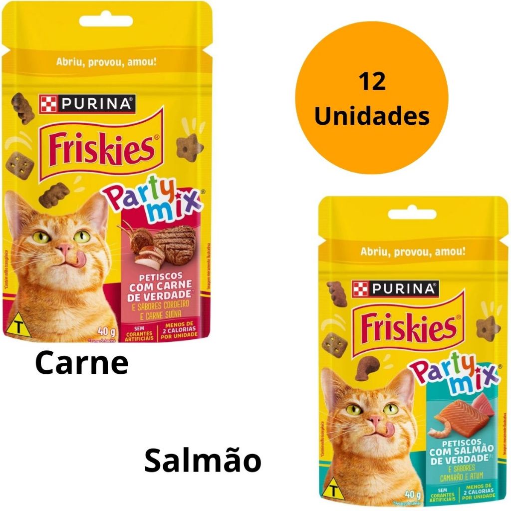 Kit 12 Petiscos Friskies Party Mix 40g Sabor Carne e Salmão | Shopee Brasil