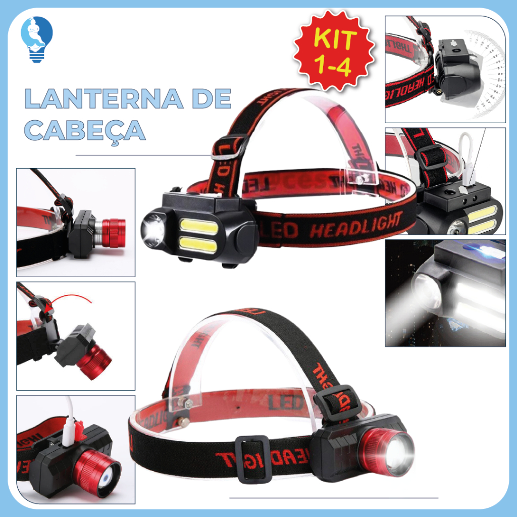 Kit 1-4 Lanterna Cabeça Led Turbo com Ajuste Angular 2 Modelos Lite e ...