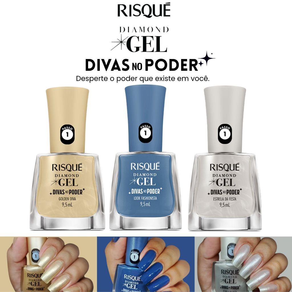 Kit 3 Esmaltes Risqué Diamond Gel Divas No Poder Efeito Gel Nova ...