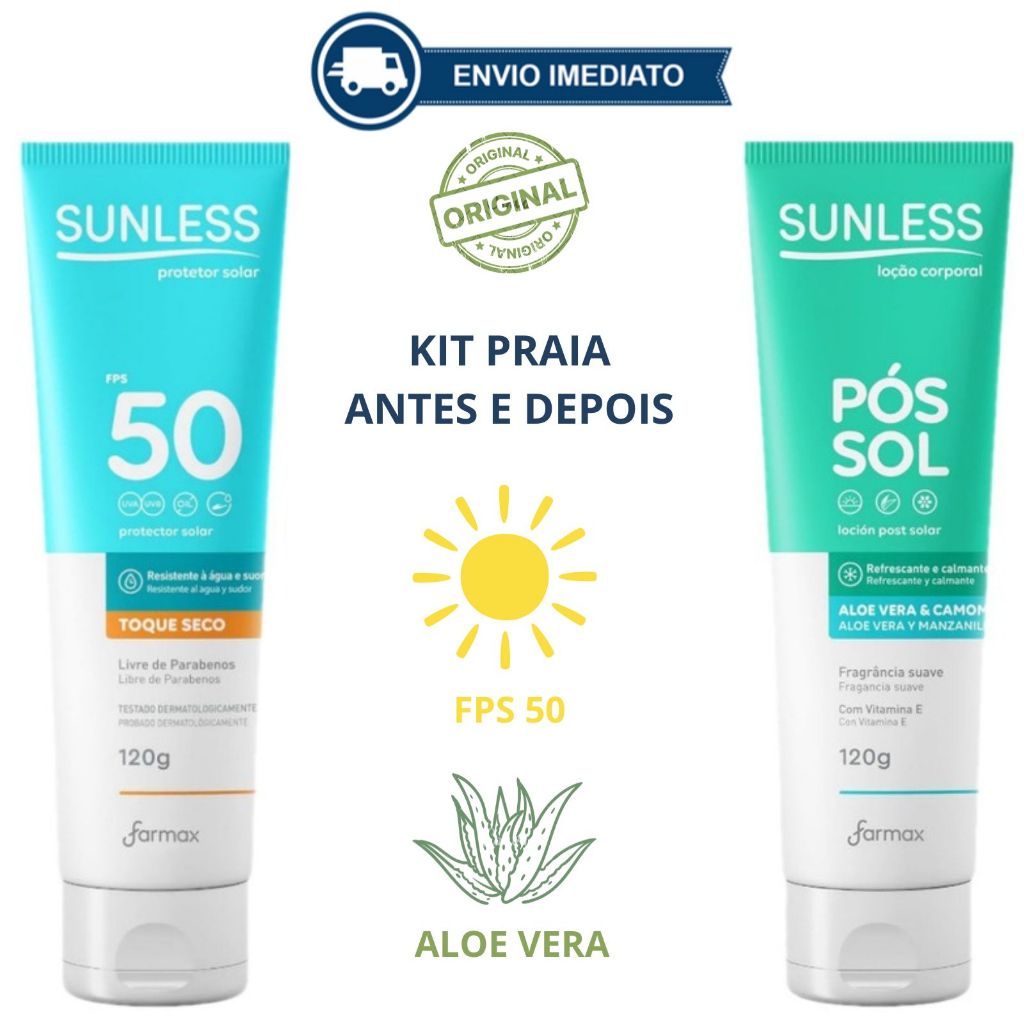 Kit Protetor Solar FPS 50 Toque Seco Sunless 120g + Loção Pos Sol Aloe ...
