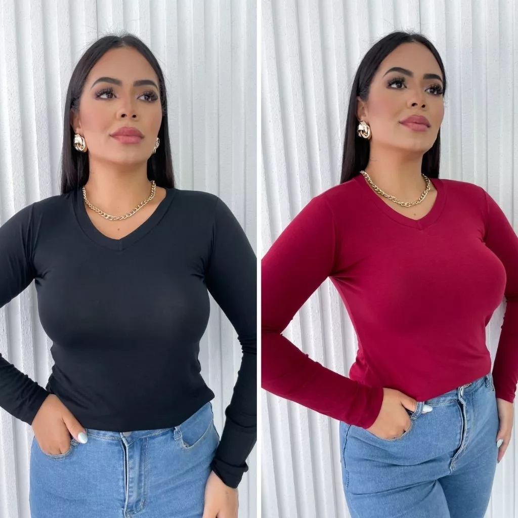Kit 2 Blusas Femininas Gola V Manga Longa 100% algodão | Shopee Brasil