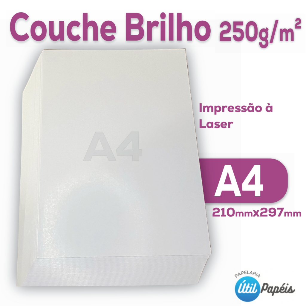 Papel Couche 250g Pacote com 100 folhas Folha Branca lisa brilhante A4 210x297 Laser lazer ...