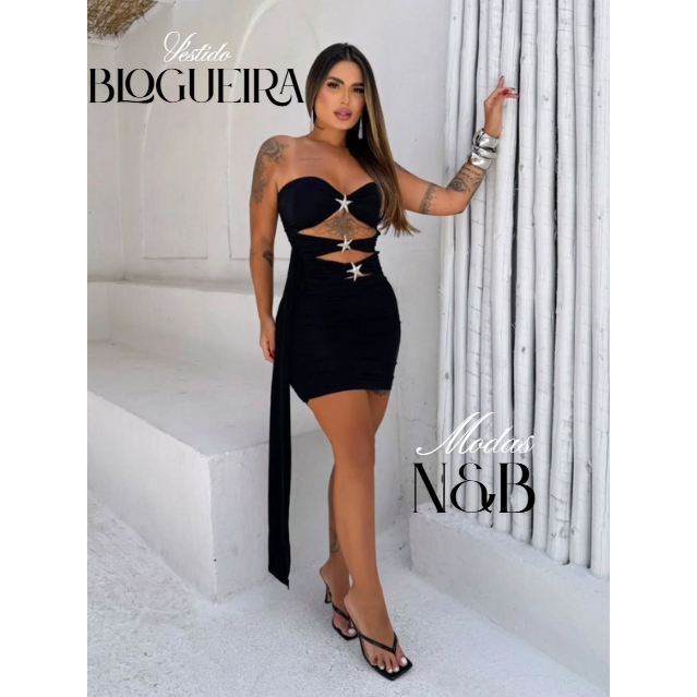 Vestido Blogueira Com Fenda do Lado Fibela "'Estrela'' | Shopee Brasil