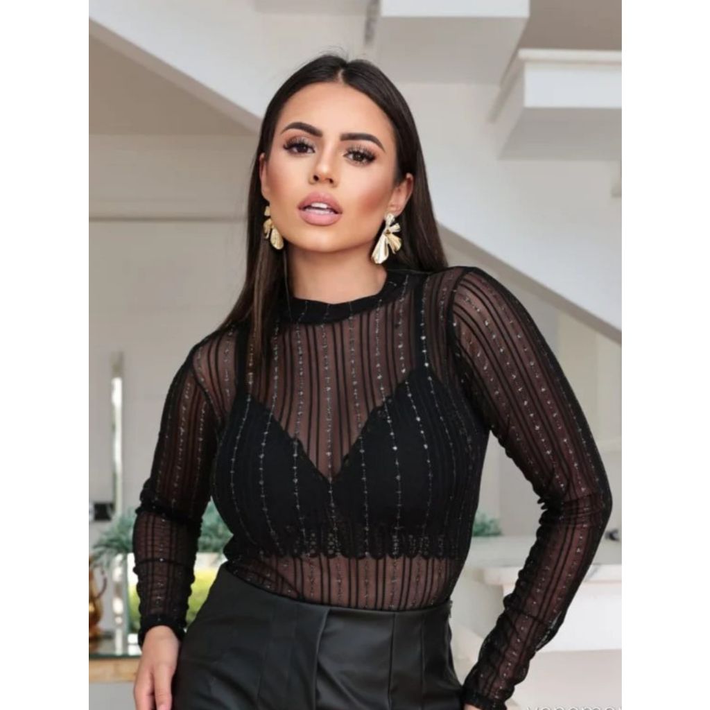 BODY TULE COM LISTRA E BRILHO MANGA LONGA MODA FEMININA | Shopee Brasil
